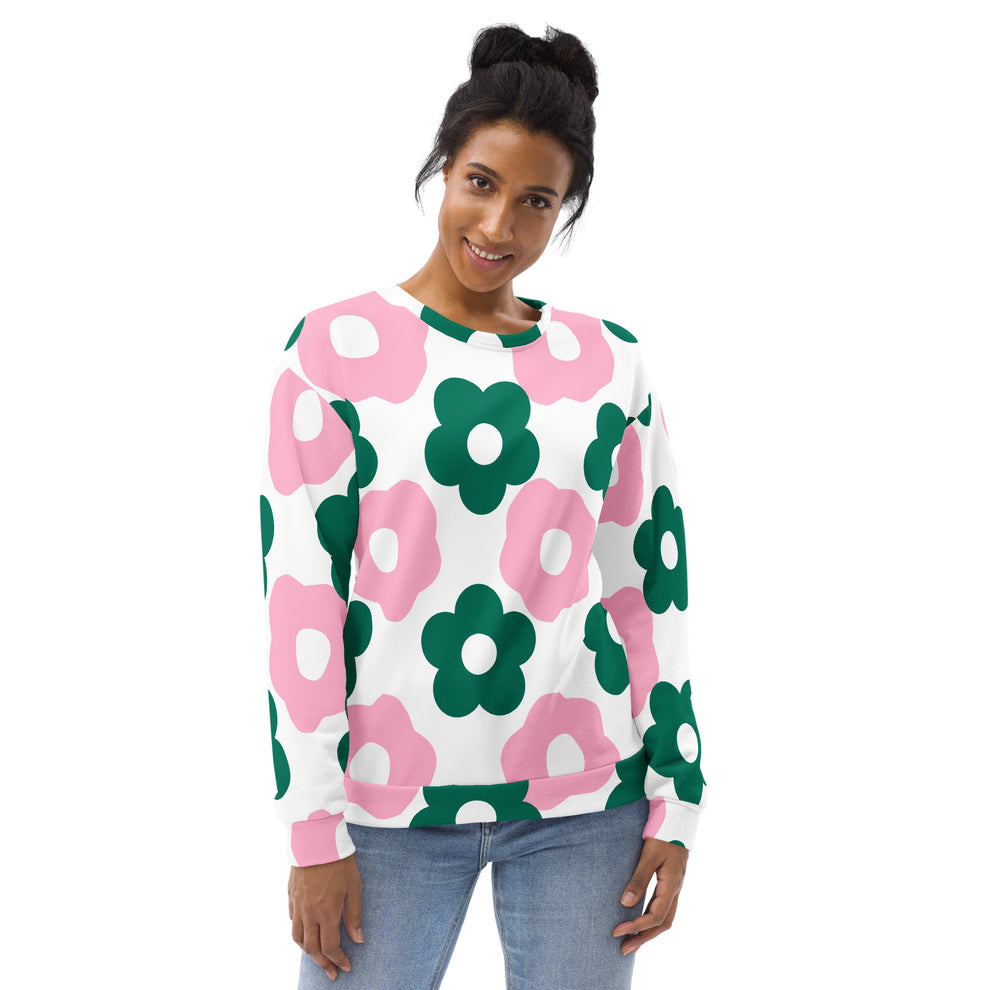 All-Over Print Recycled Unisex Sweatshirt Mari Pink and Green Flowers ...