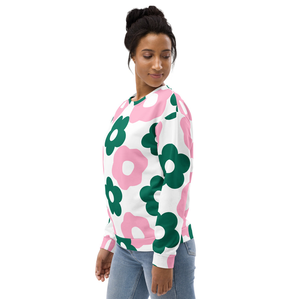 All-Over Print Recycled Unisex Sweatshirt Mari Pink and Green Flowers ...