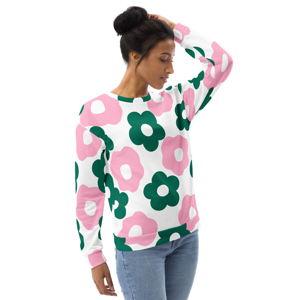 All-Over Print Recycled Unisex Sweatshirt Mari Pink and Green Flowers ...
